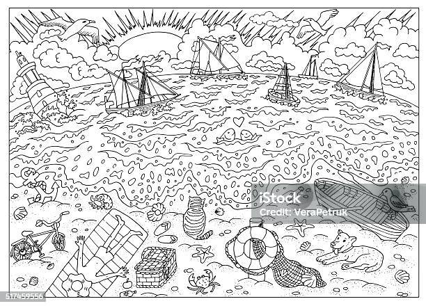 Coloring Book Page After Storm向量圖形及更多塗色書頁 製圖技術圖片 塗色書頁 製圖技術 海灘