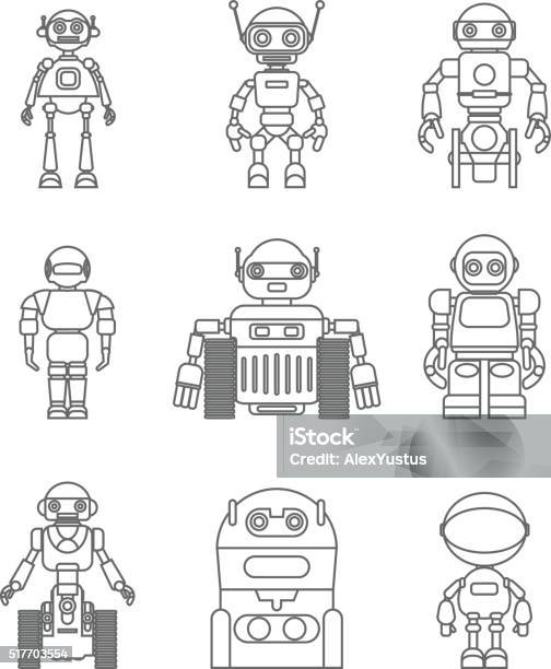 Ein Satz Von Verschiedenen Silhouetten Roboter Flache Linear ... Ein Satz Von Verschiedenen Silhouetten Roboter Flache Linear ...