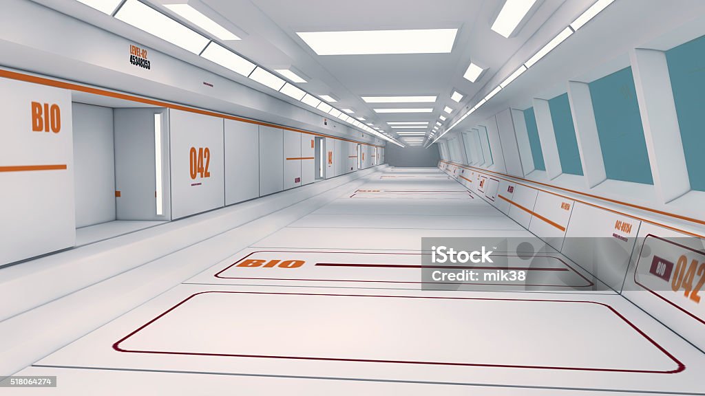 Render 3d Koridor Interior Pesawat Ruang Angkasa Futuristik Foto Stok