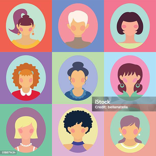 Vector Set Of Different Women Faces Avatars In Flat Style向量圖形及更多人圖片