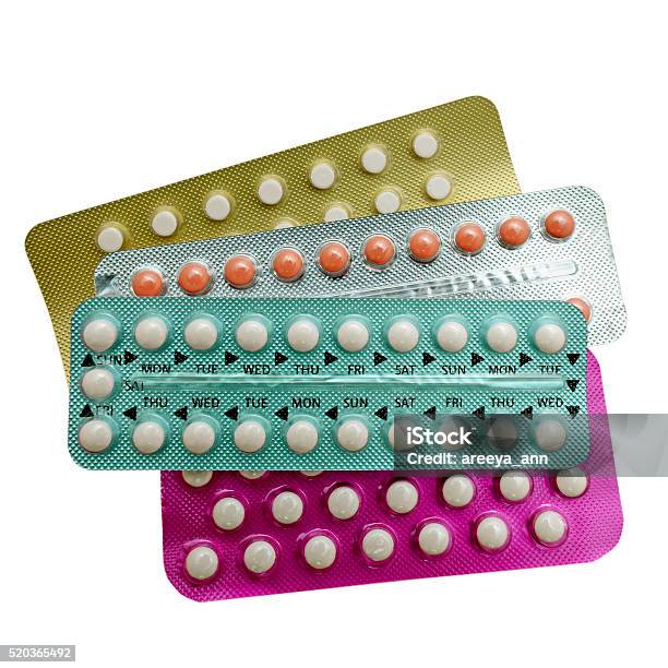 Colorful Oral Contraceptive Pill Strips Isolated On White Backgr Stock