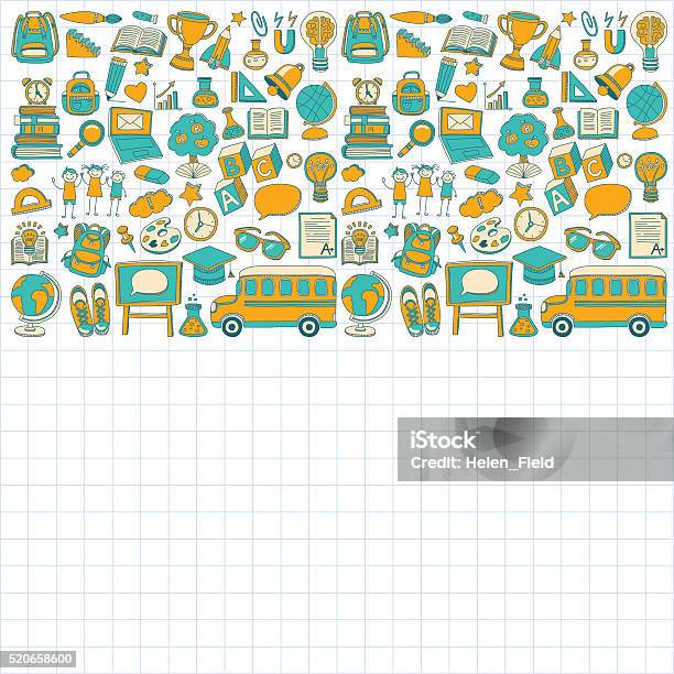 Back To School 낙서 설정합니다 선형 아이콘 곧은에 대한 스톡 벡터 아트 및 기타 이미지 곧은 공부 교육