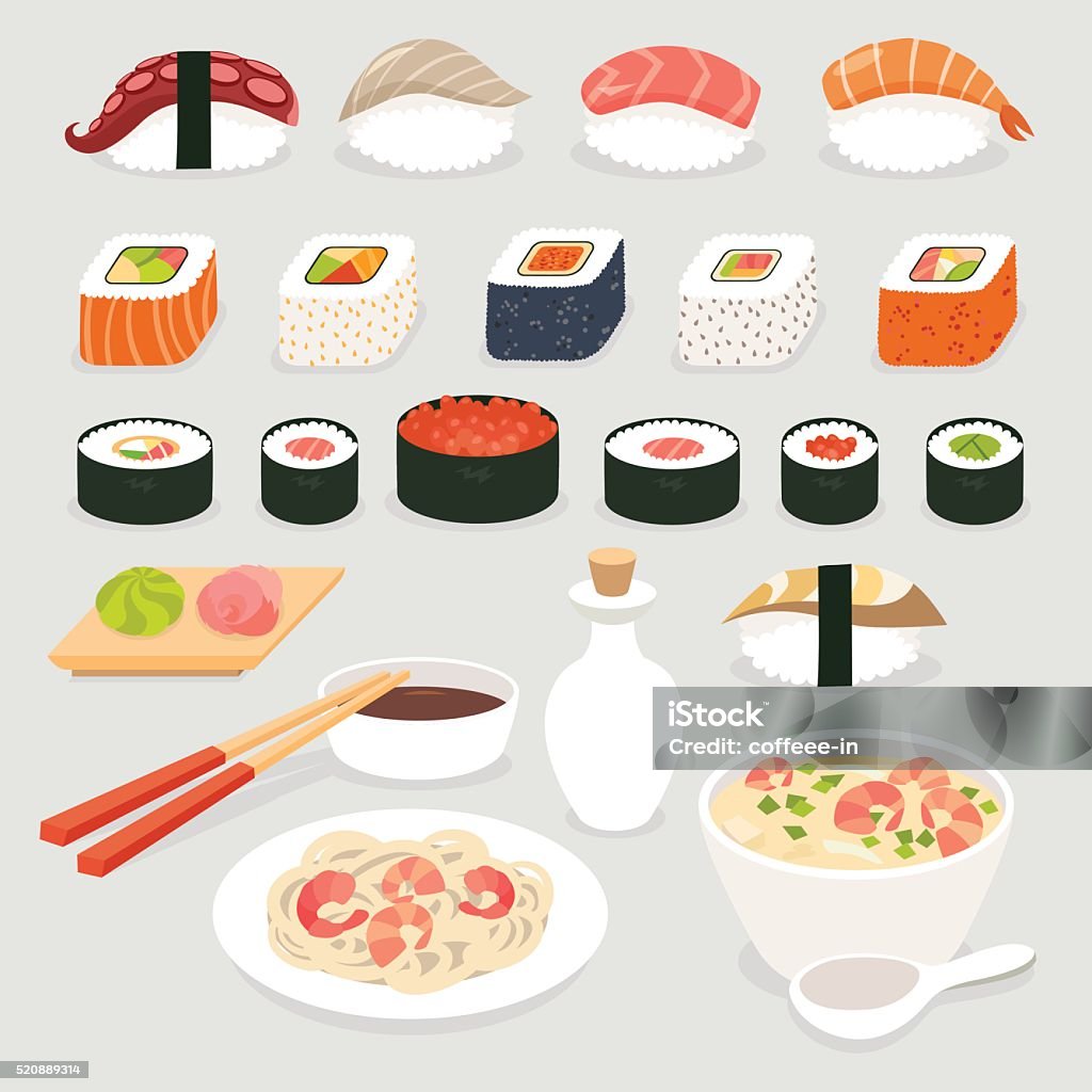 Sushi Ensemble Vecteur De Dessin Animé De Sushis Style Japonais Des Objets Ensemble Vecteurs