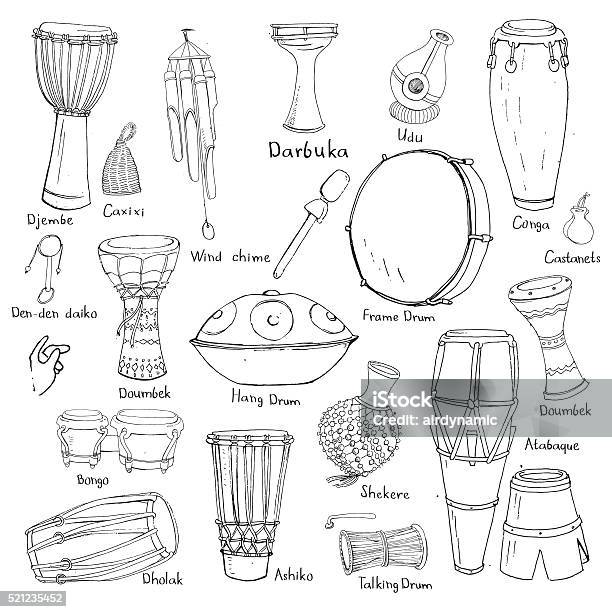 Drum Sketches With Names向量圖形及更多鼓圖片 鼓 椰鈴 雕刻圖像 Istock