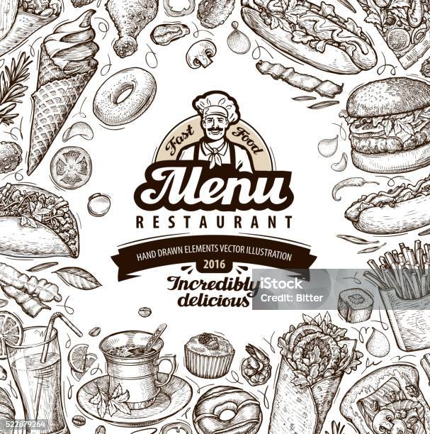 Menu Restaurant Cafe Template Design Sketch Food向量圖形及更多傳單圖片 傳單 創作性