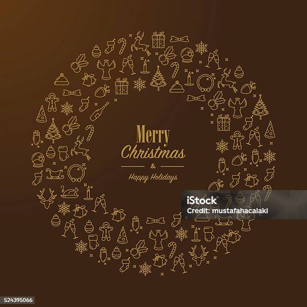 Golden Christmas Wreath With Lineart Icons向量圖形及更多聖誕節圖片 聖誕節 雪花球 圖示