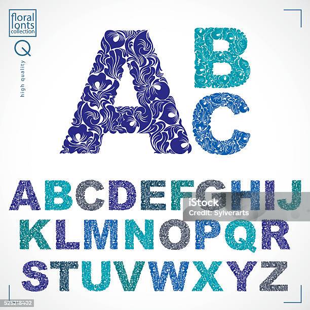 Floral Font Handdrawn Vector Capital Alphabet Letters向量圖形及更多具有特定質地圖片