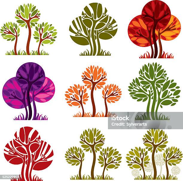 Set Pohon Vektor Bergaya Dengan Daun Hijau Dan Ungu Ilustrasi Stok