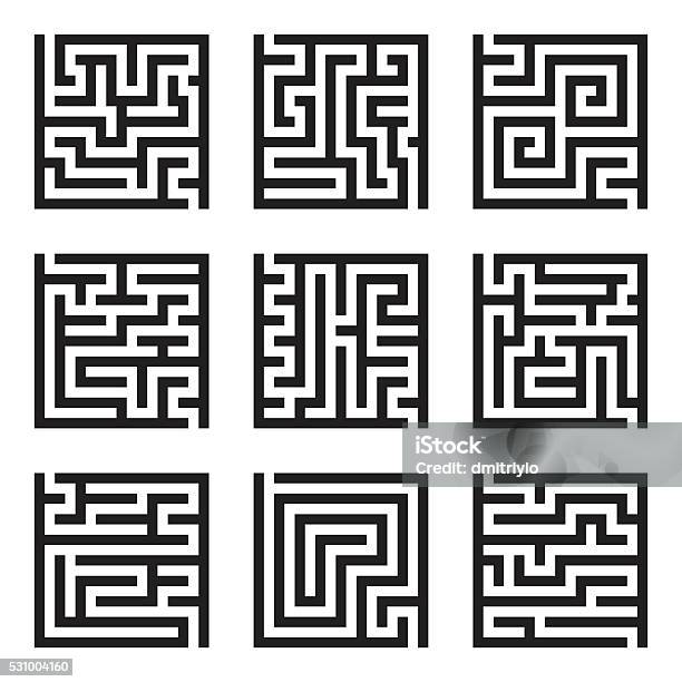 Nine Simple Maze Isolated Vector Set向量圖形及更多格仔化圖片 格仔化 迷宮 一個物體 Istock