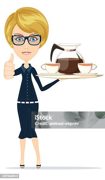 Beautiful Girl Waitress Carries Giving The Thumbs Up With A Stock