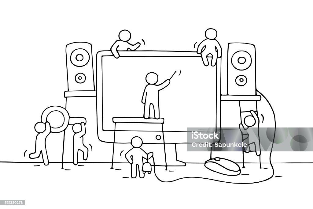 Sketsa Orangorang Kecil Yang Bekerja Dengan Komputer Ilustrasi Stok Unduh Gambar Sekarang Istock