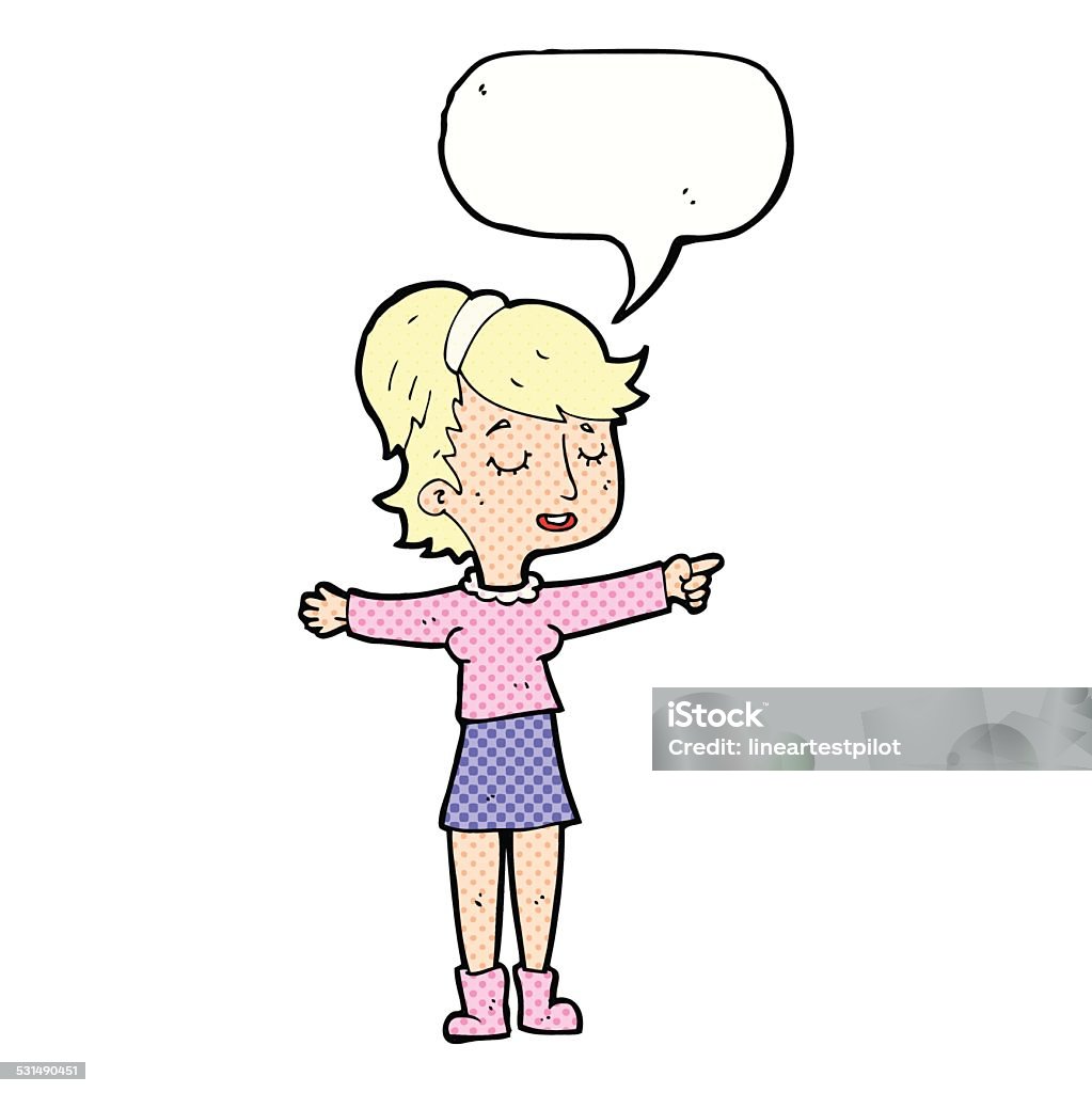 Cartoon Happy Woman Pointing With Speech Bubble Stock Illustration