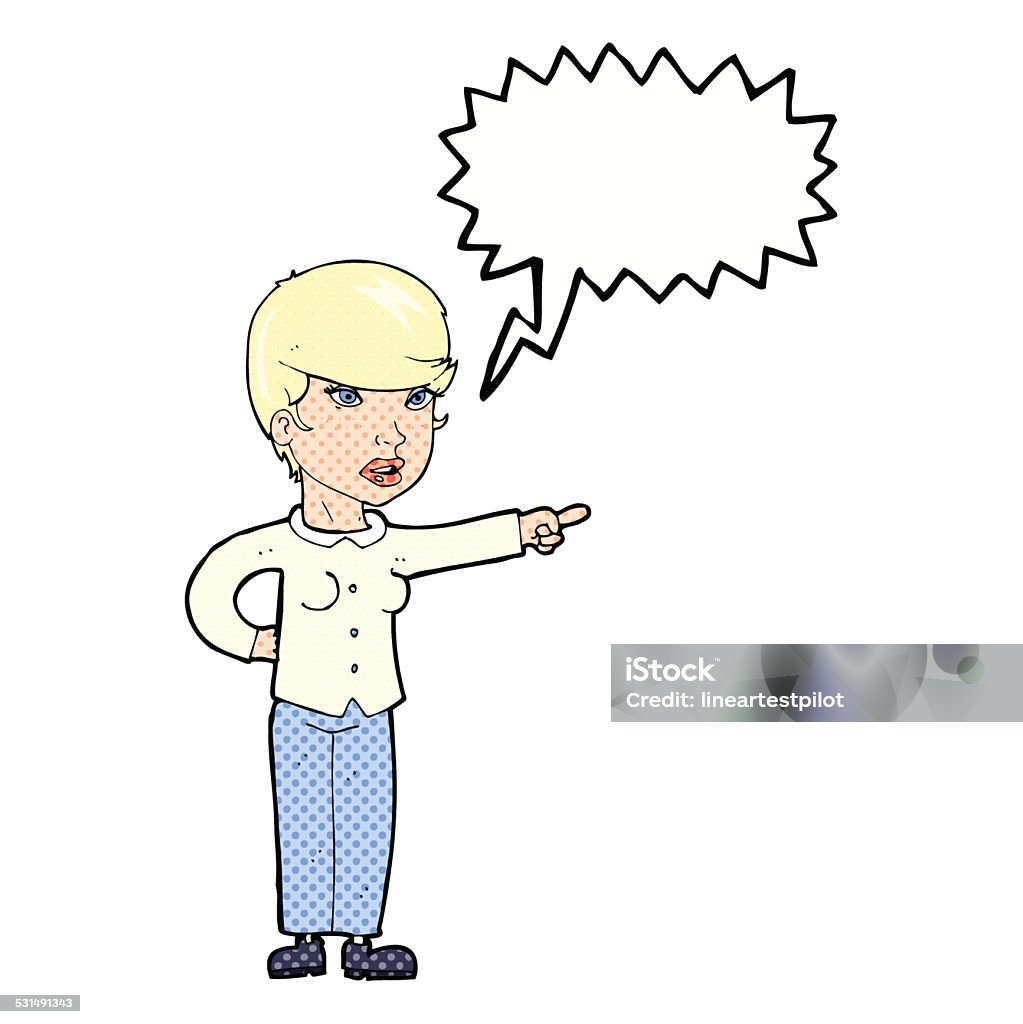 Cartoon Woman Pointing Finger Of Blame With Speech Bubble Stock