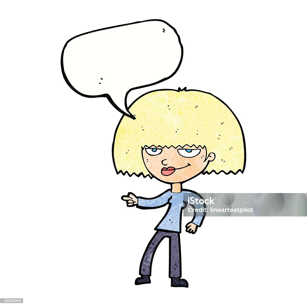 Cartoon Happy Woman Pointing With Speech Bubble Stock Illustration