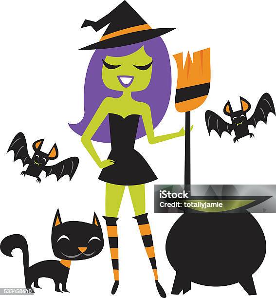 Retro Halloween Witch Stock Illustration Download Image Now Black Color Cauldron Cute Istock