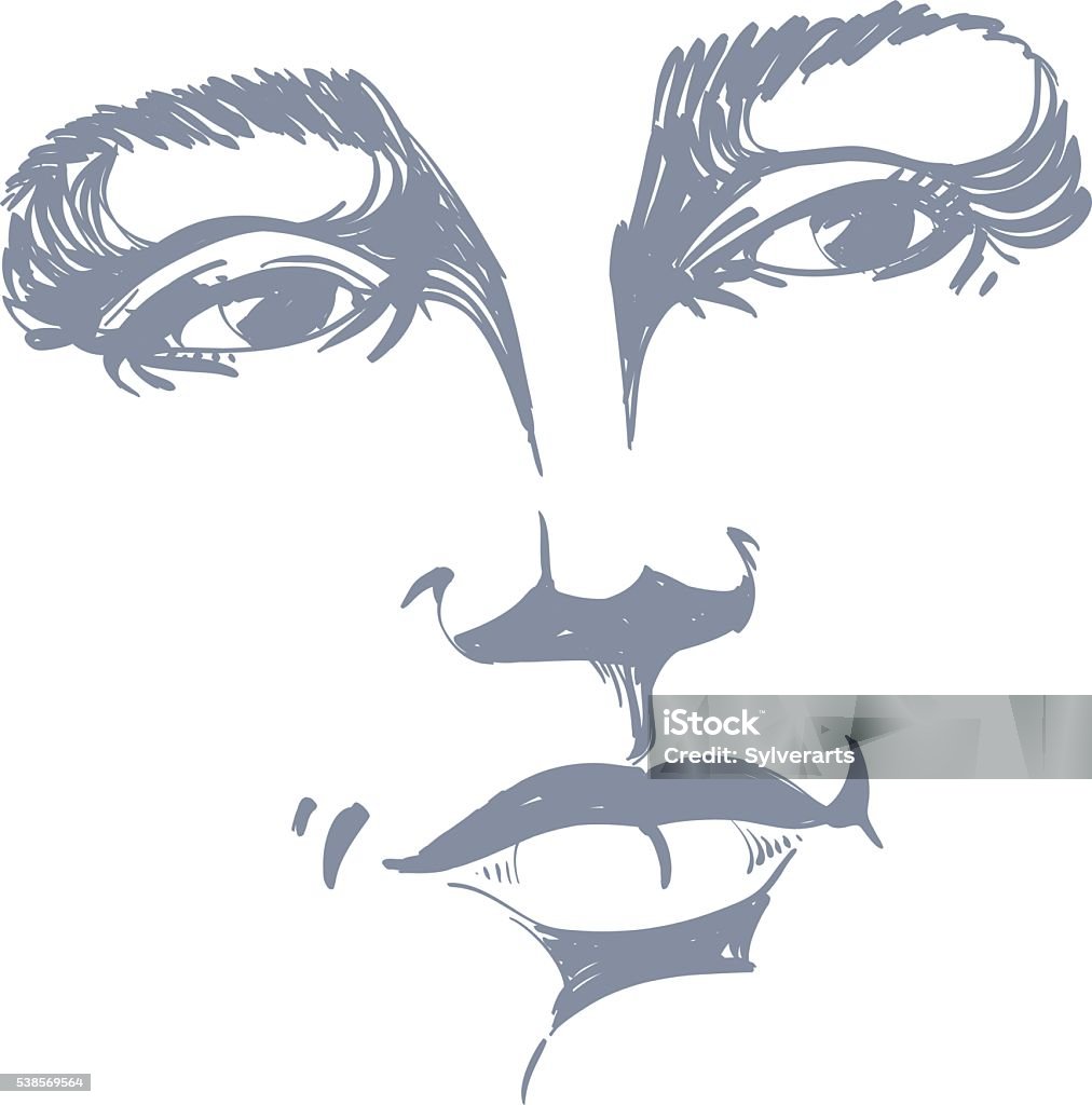 Handdrawn Portrait Of Whiteskin Flirting Woman Face Emotions Stock