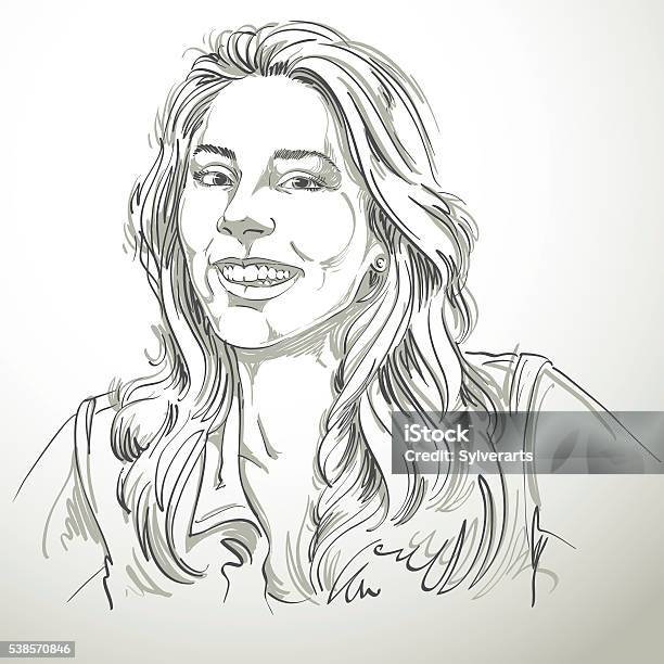 Monochrome Vector Handdrawn Image Happy Smiling Young Woman向量圖形及更多一個人圖片