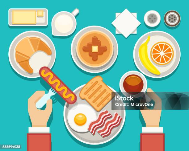Breakfast Vector Concept With Fresh Food And Drinks Top View向量圖形及更多一個物體
