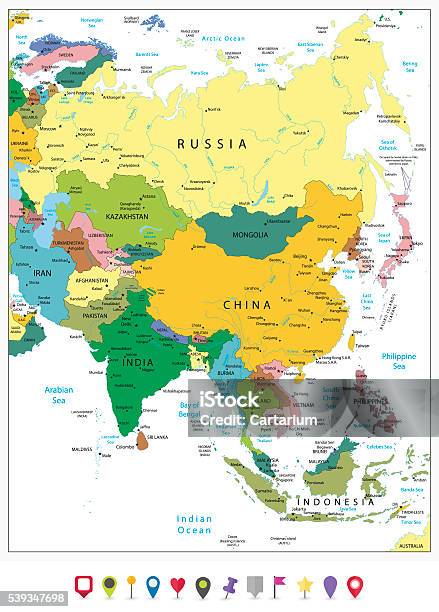 Carte Politique De Lasie Très Détaillée Et Icônes Plat Vecteurs Libres