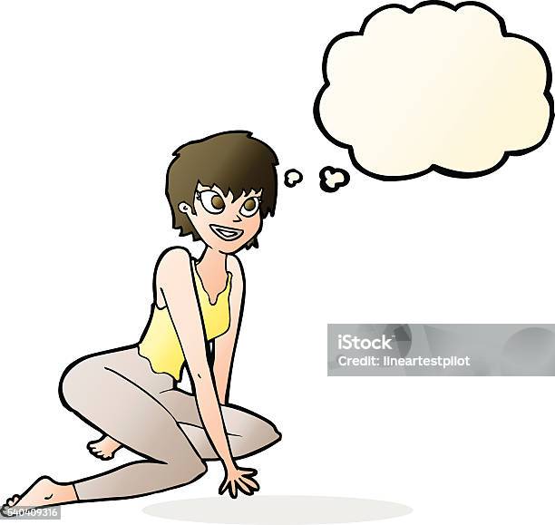 Femme Heureusen Dessin Animé Assise Sur Le Sol Avec Bulle De Pensée
