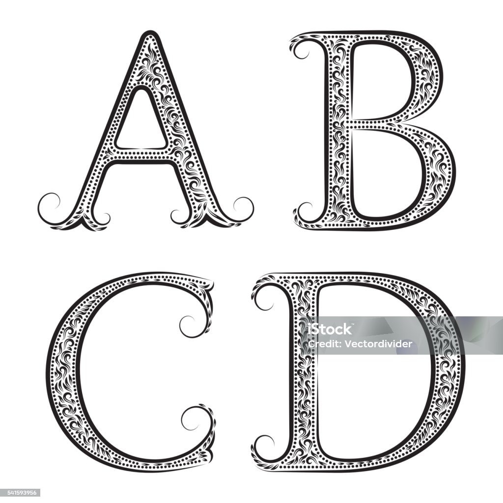 Abcd 빈티지 패턴 편지들이 서체가에서 플로럴 바로크 양식 서예에 대한 스톡 벡터 아트 및 기타 이미지 서예 알파벳