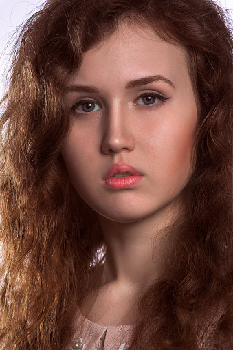 Vintage Romantic Fashion Woman With Long Hair Wearing Pink Dress Stock