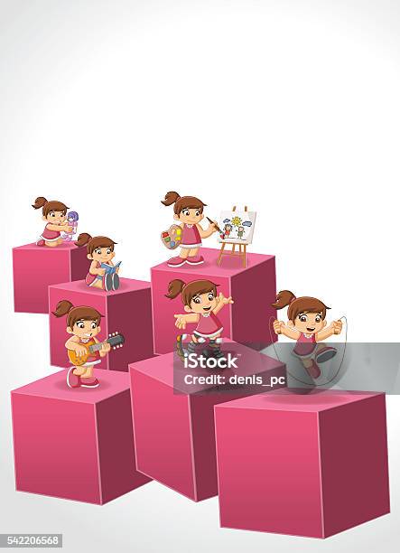 3 D 큐브 행복함 말풍선이 있는 여자아이 게임하기 귀여운에 대한 스톡 벡터 아트 및 기타 이미지 귀여운 기타 현악기