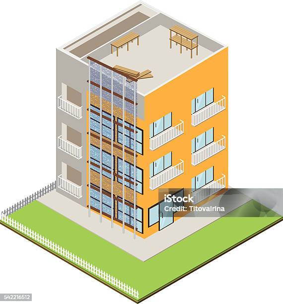 Isometric Unfinished Brick House Construction向量圖形及更多下面圖片 下面 不完整 住宅