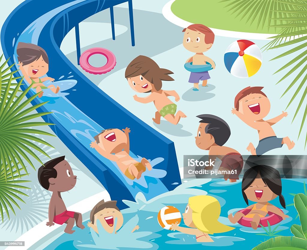 Enfant Garçon Et Fille Jouant Dans Le Parc Aquatique Vecteurs Libres De