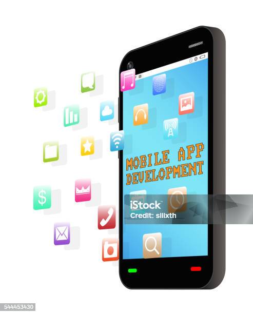 Smartphone With Floating Icon And Mobile App Development Screen向量圖形及更多