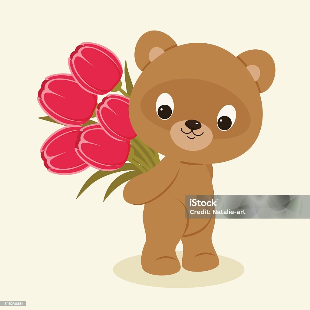 Teddy Bear Holding A Bouquet Of Flowers Stock Illustration Download