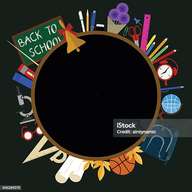 Blackboard Circle School向量圖形及更多開學日圖片 開學日 School Supplies 地圖別針圖示