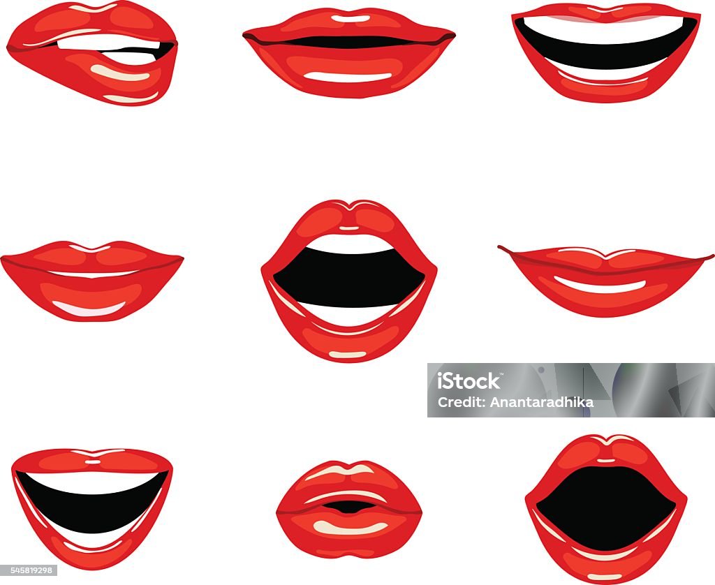 Set Ciuman Merah Dan Bibir Kartun Tersenyum Ilustrasi Stok Unduh Gambar Sekarang Mulut