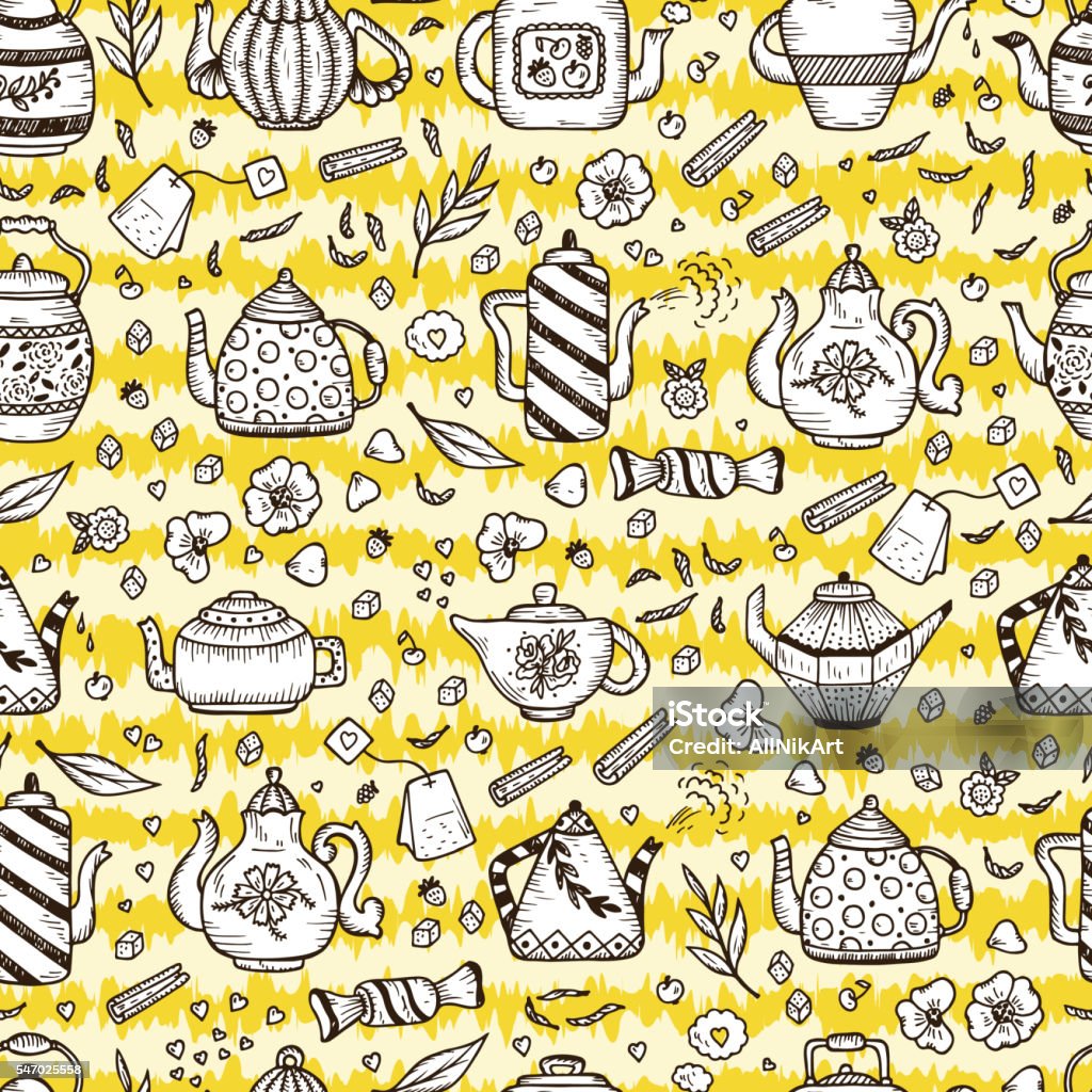 Tangan Digambar Doodle Berbeda Teko Vector Pola Mulus Ilustrasi Stok
