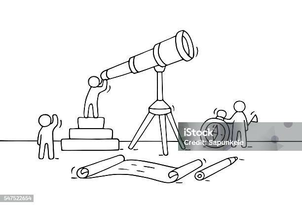 Sketsa Orangorang Kecil Yang Bekerja Dengan Spyglass Kerja Tim
