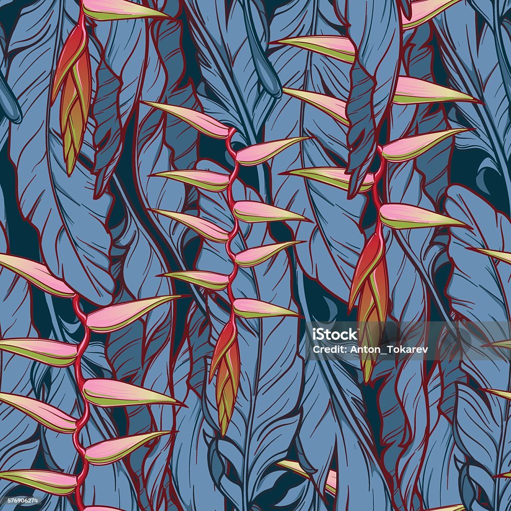 Bunga Heliconia Pada Pola Daun Pisang Latar Belakang Biru Tua Ilustrasi