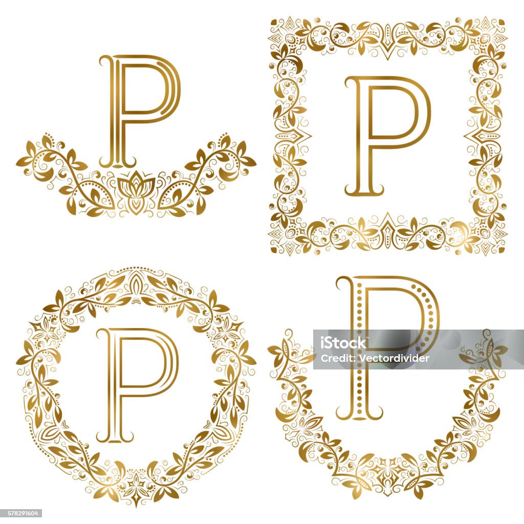 Ilustración De Conjunto De Monogramas Ornamentales De Letras P Doradas