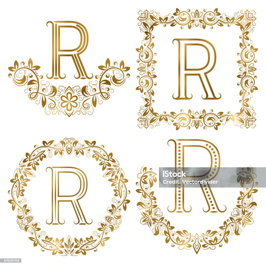 Ilustración De Conjunto De Monogramas Ornamentales De Letras R Doradas