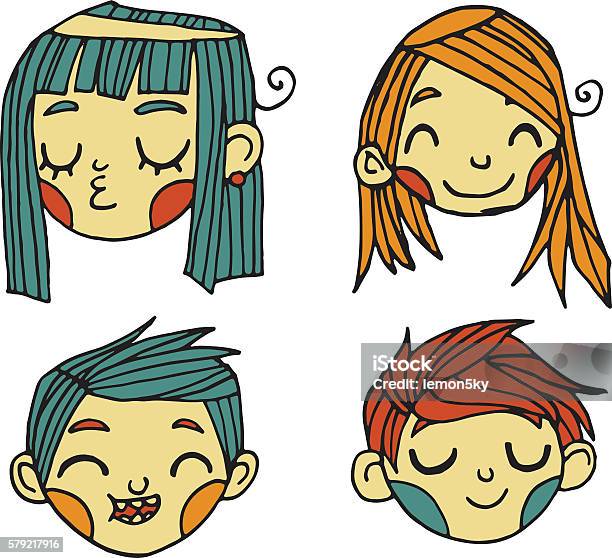 Vector Cartoon Flat Cute Faces Set Icon Stickers向量圖形及更多人圖片 人 人的臉部