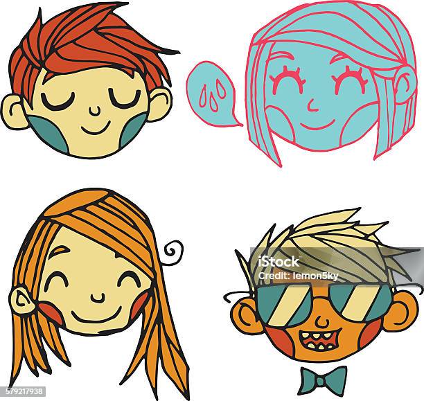 Vector Cartoon Flat Cute Faces Set Icon Stickers向量圖形及更多人圖片 人 人的臉部