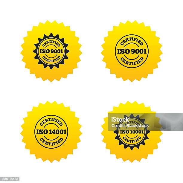 Iso 9001 및 14001 인증 아이콘크기 인증 검증에 대한 스톡 벡터 아트 및 기타 이미지 검증 노랑 라벨 Istock
