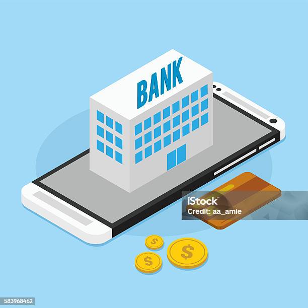 Mobile Banking With Bank Building向量圖形及更多brand Name Mobile Payment圖片