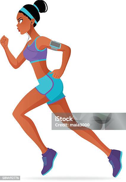 Vector Kartun Sporty Hitam Atlet Wanita Lari Maraton Dengan Headphone