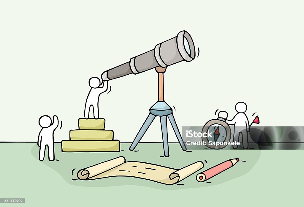 Sketsa Orangorang Kecil Yang Bekerja Dengan Spyglass Kerja Tim
