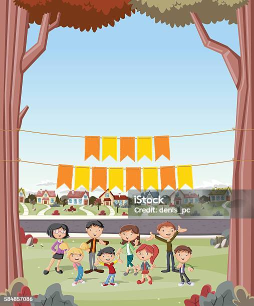 Spanduk Di Atas Keluarga Kartun Di Lingkungan Pinggiran Kota Ilustrasi ... Spanduk Di Atas Keluarga Kartun Di Lingkungan Pinggiran Kota Ilustrasi ...