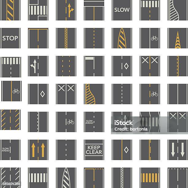 Seamless Road Construction Tiles Kit Overhead Perspective向量圖形及更多路面指標圖片