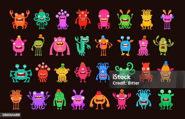 Big Collection Of Cartoon Funny Monsters Vector Illustration Stock
