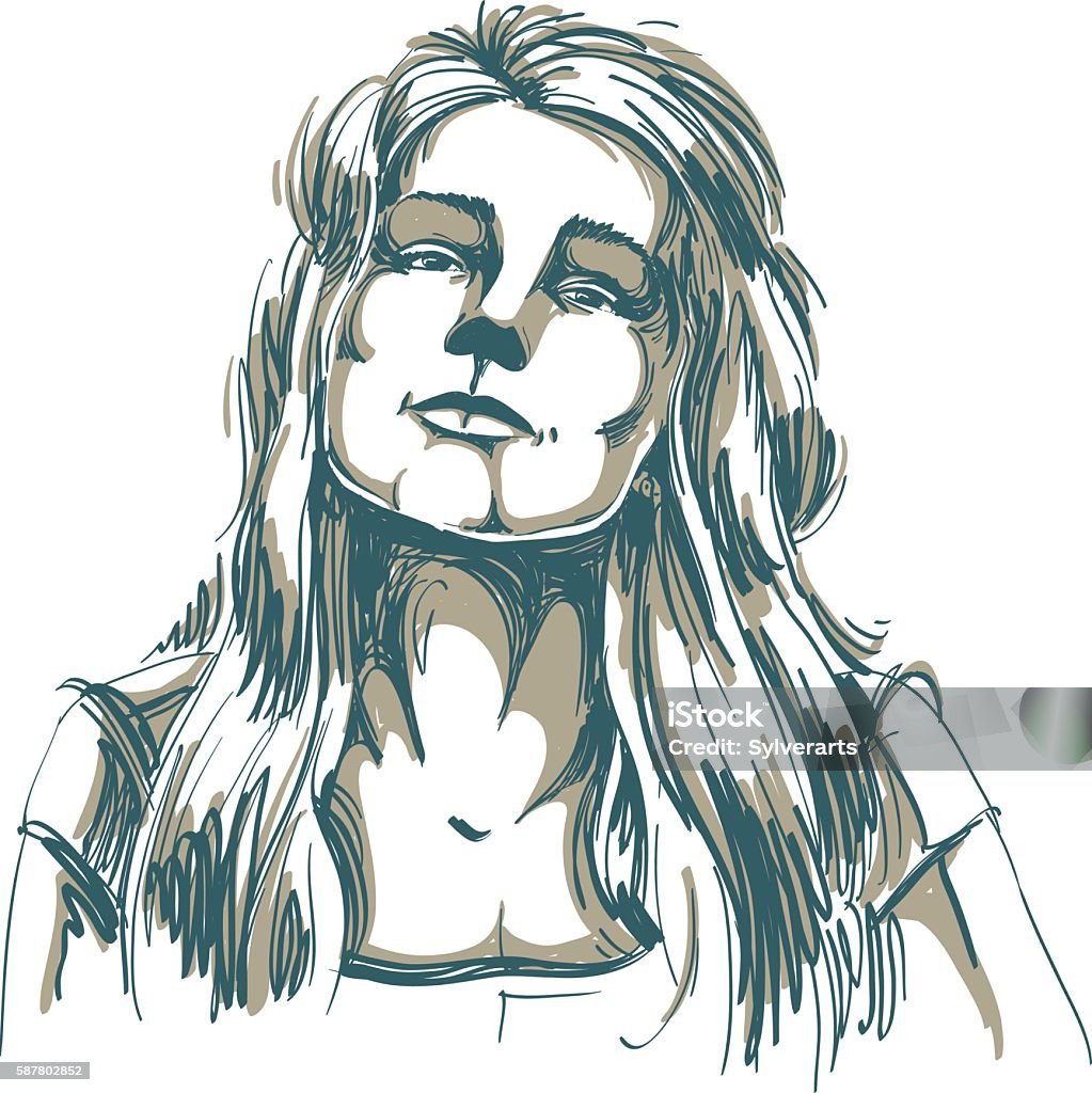 Handdrawn Portrait Of Whiteskin Flirting Woman Face Emotions Stock
