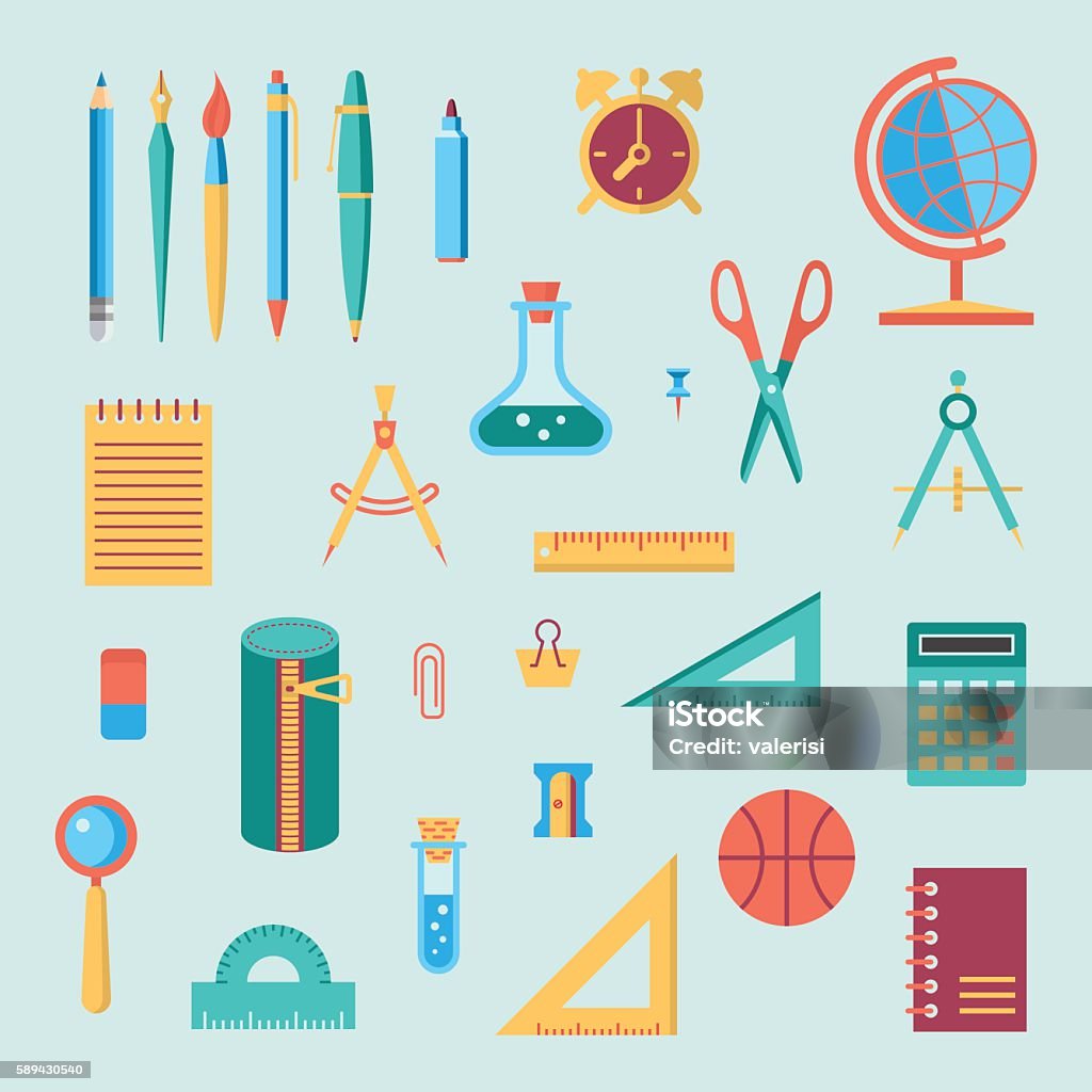 Vetores De Conjunto De Ícones De Cores De Material Escolar E Mais