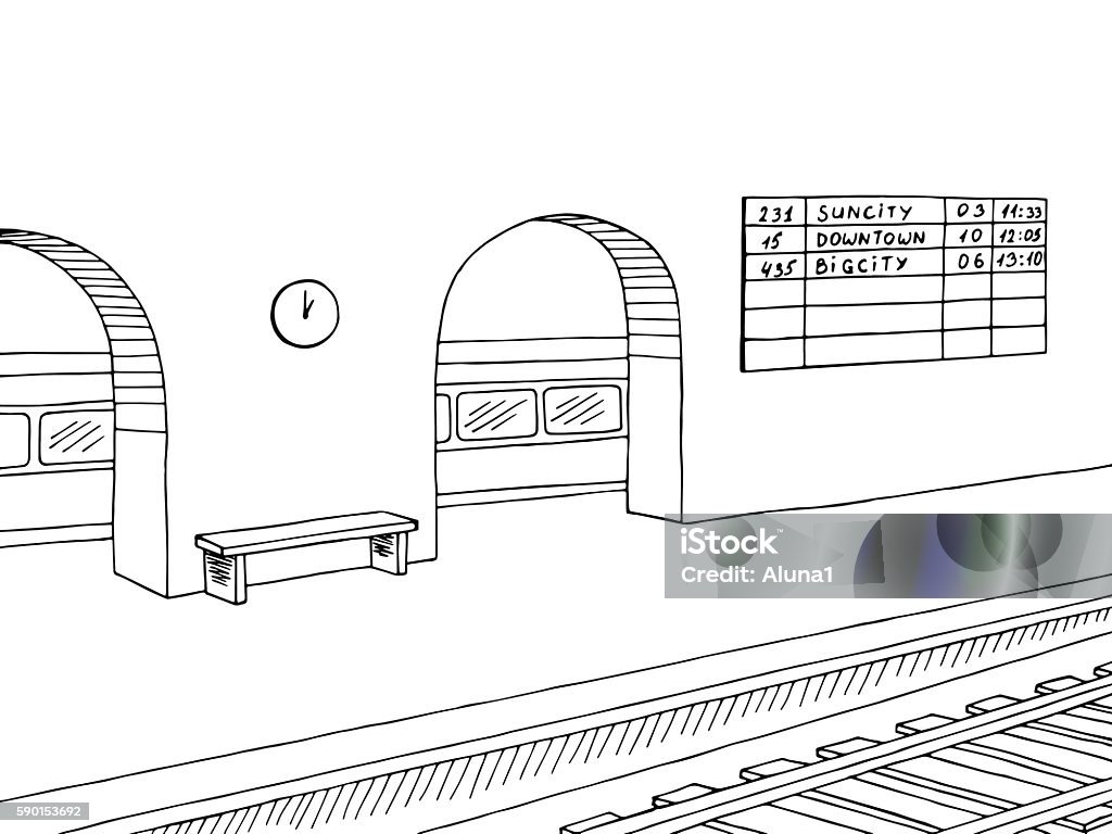 Stasiun Kereta Api Platform Melatih Grafis Hitam Putih Sketsa Ilustrasi